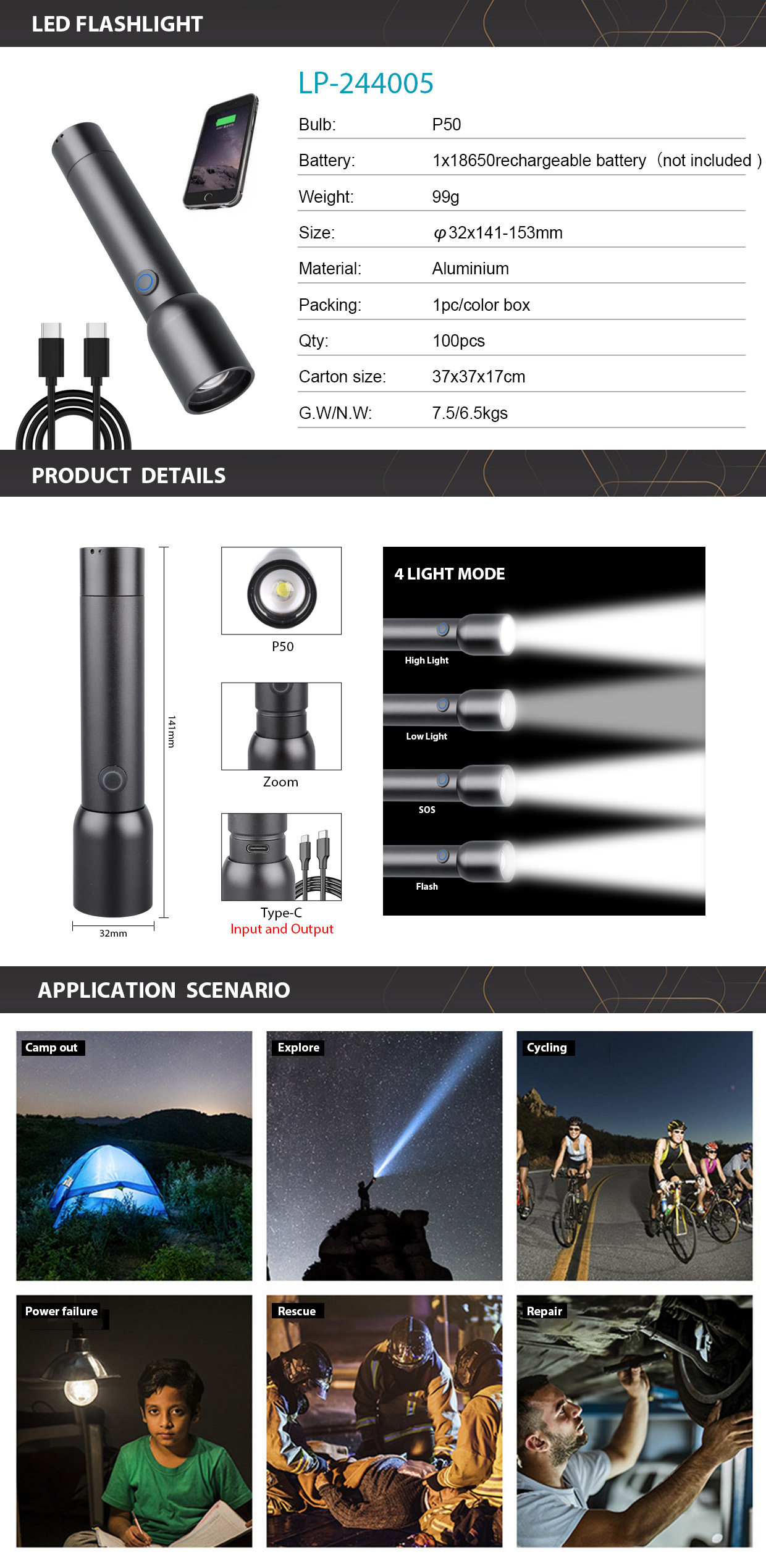 Aluminium Rechargeable LED Flashlight LP-244005 - Ningbo Henglong Electric Appliance Co., LTD.